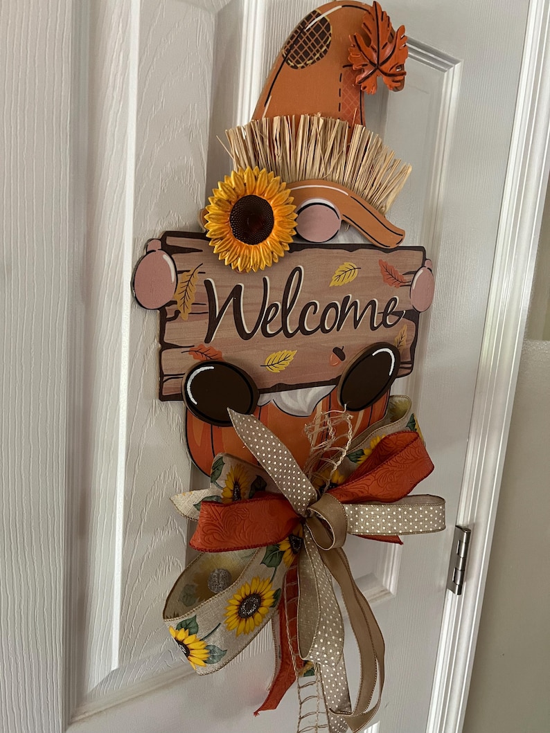 Fall Gnome Welcome Sign | Rustic Autumn Door Hanger | Sunflower Bow ...