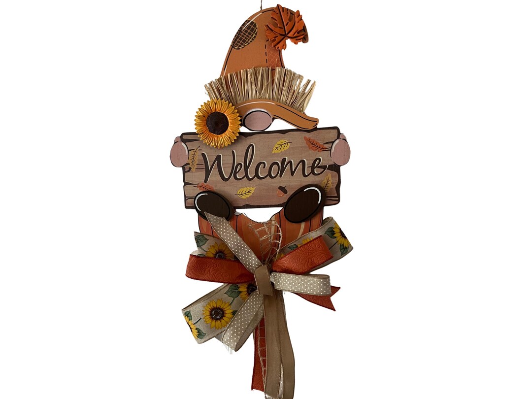 Fall Gnome Welcome Sign | Rustic Autumn Door Hanger | Sunflower Bow ...