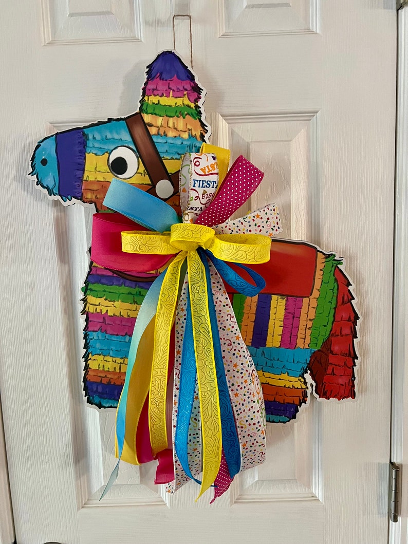 Fiesta Donkey Pinata Door Hanger With Vibrant Ribbons and Festive ...