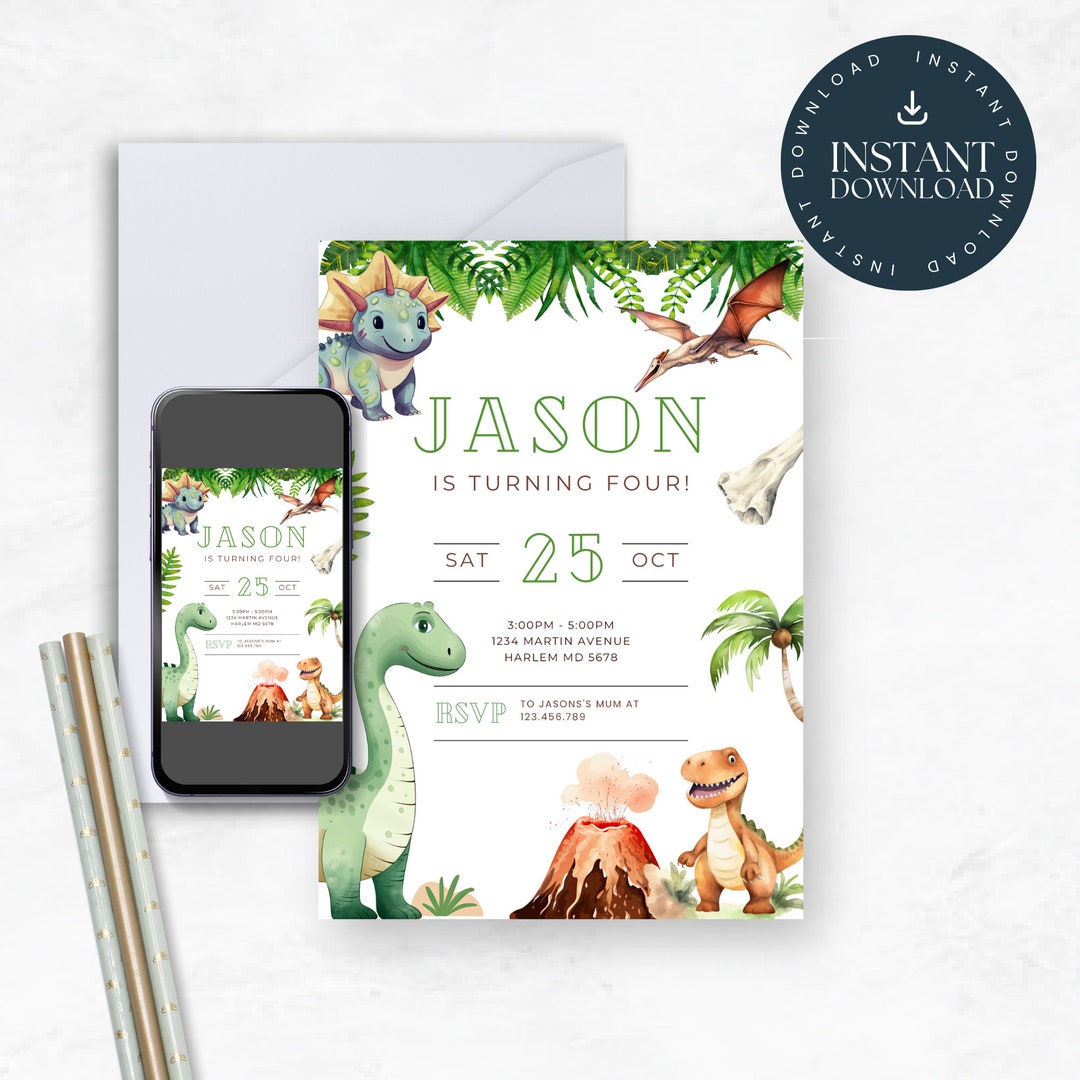 Editable Dinosaur Invitation | Instant Download Printable | Digital ...