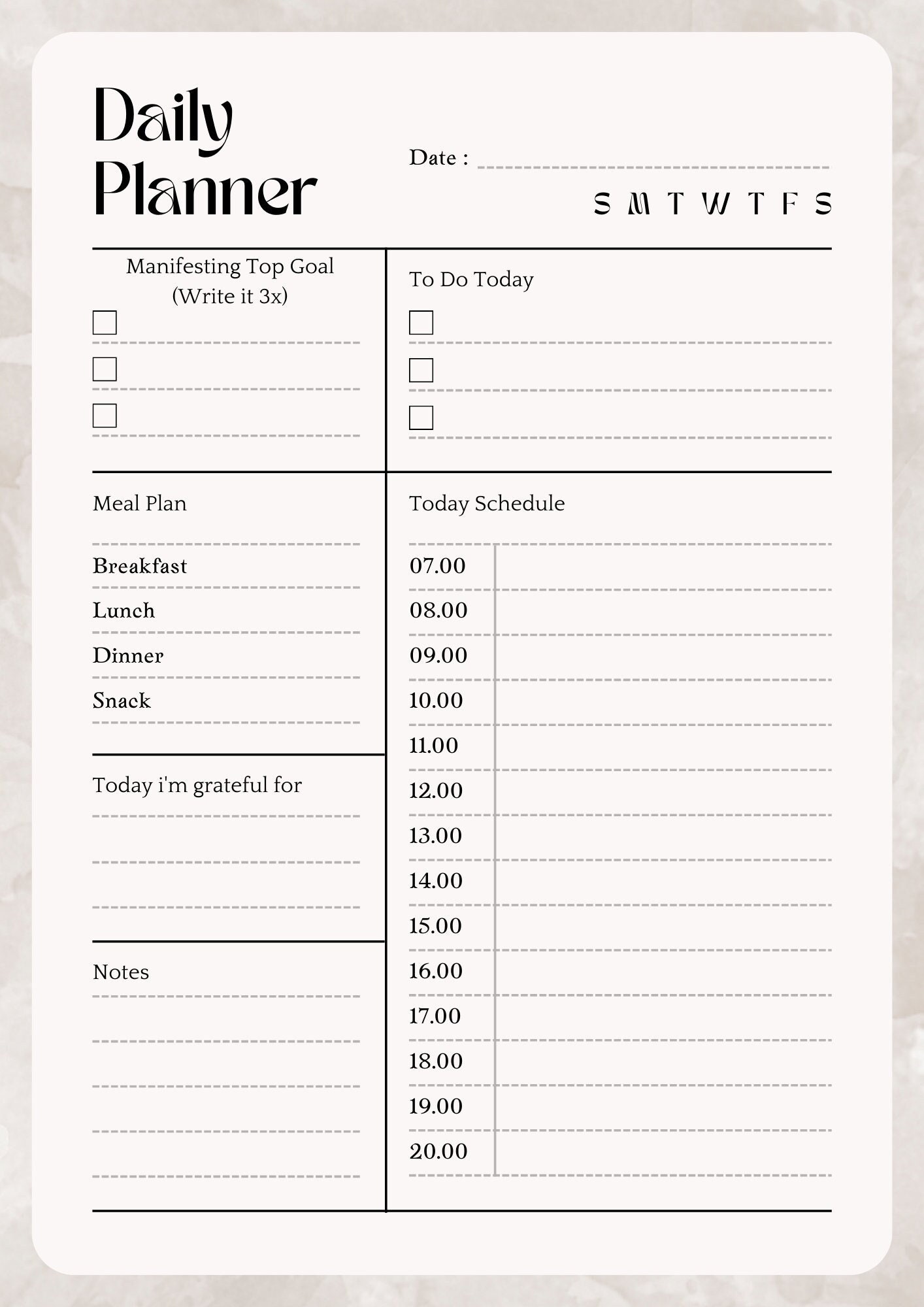 One Page Daily Planner Digital Download Daily Schedule, Meal Plan ...