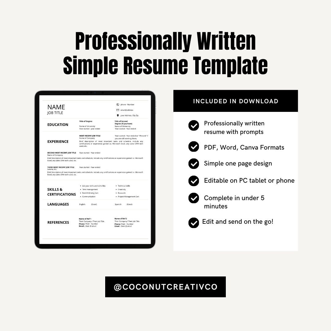 Minimalist One Page Resume Template - Digital Download - Etsy