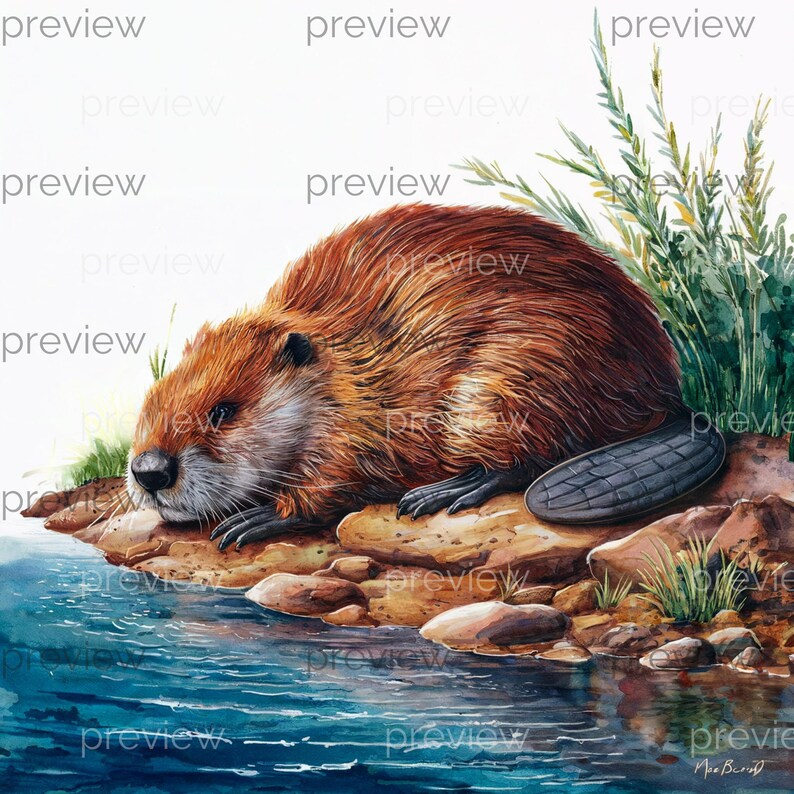Eating Beaver Watercolor Clipart, 17 Rodent Pond River North America Digital Downloads, River ...