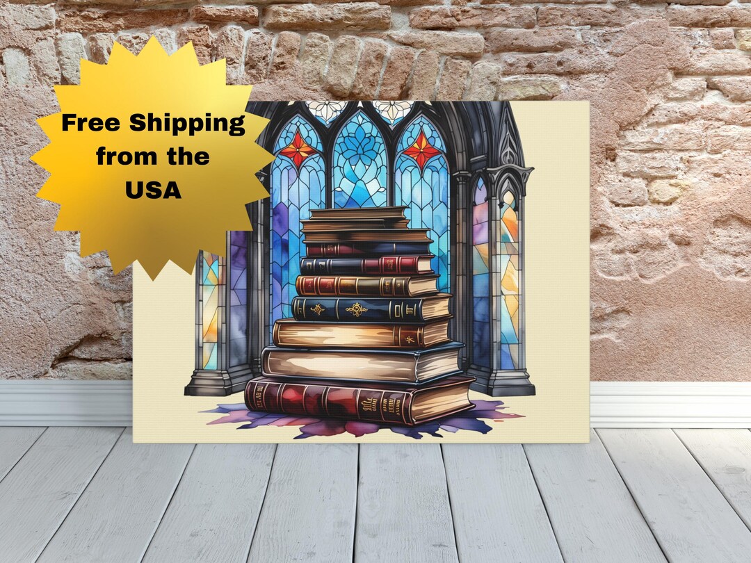 Gothic Book Stack Physical Canvas, Gothic Stained Glass, Bookish ...