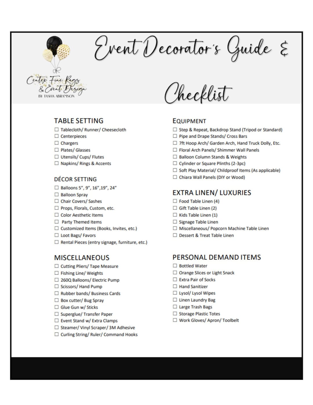 Event Decorator's Checklist - Etsy