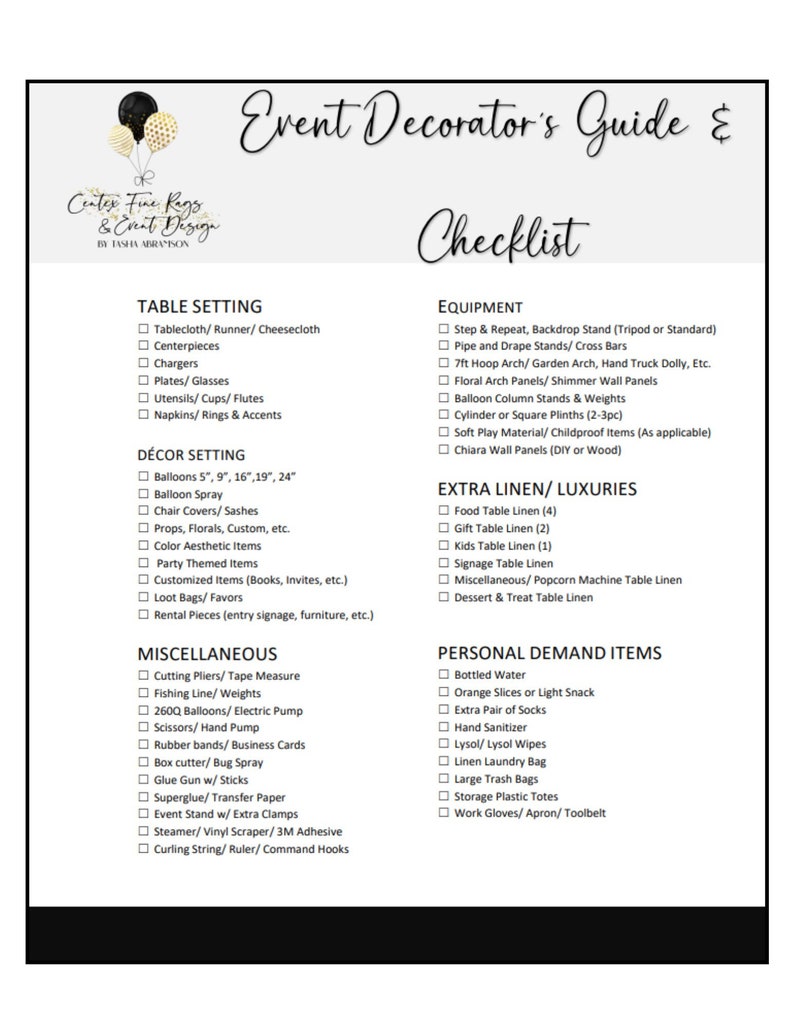 Event Decorator's Checklist - Etsy
