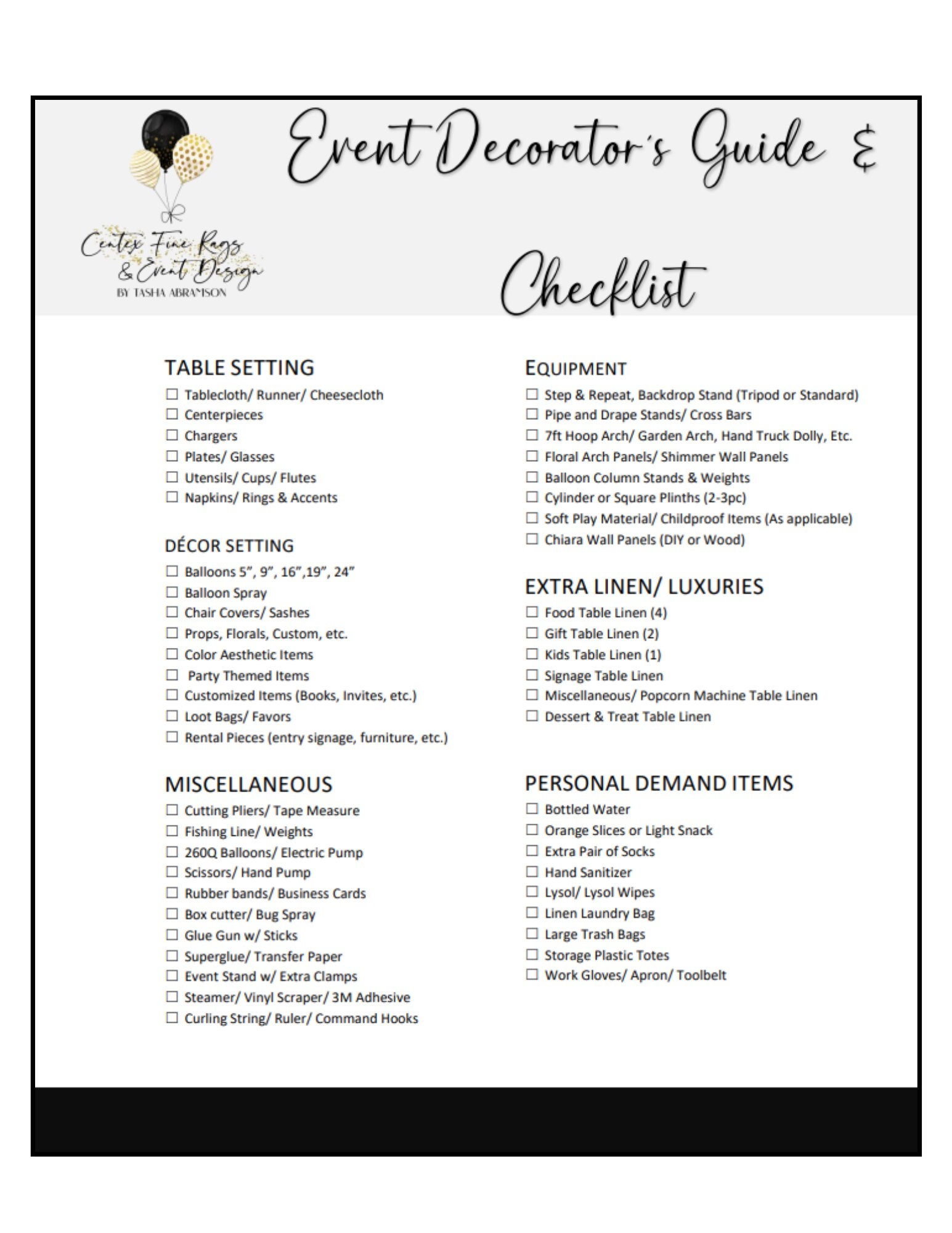 Event Decorator's Checklist - Etsy