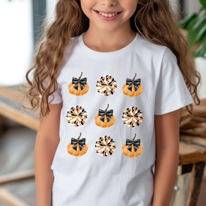 Coquette Pumpkin Cheerleading T-shirt, Kids Fall Cheer Season Pom Pom ...