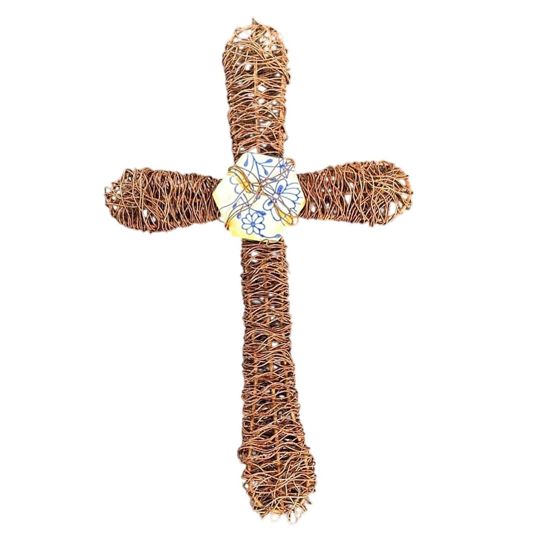 Woven Rustic Rusted Wire Cross With Floral Tile Accent- Religious Decor ...