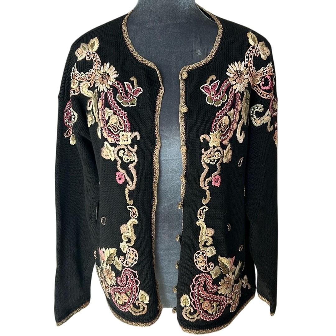 90s Whimsy Cottage Core Knit Cardigan Only Buttons Bead Detail Black ...