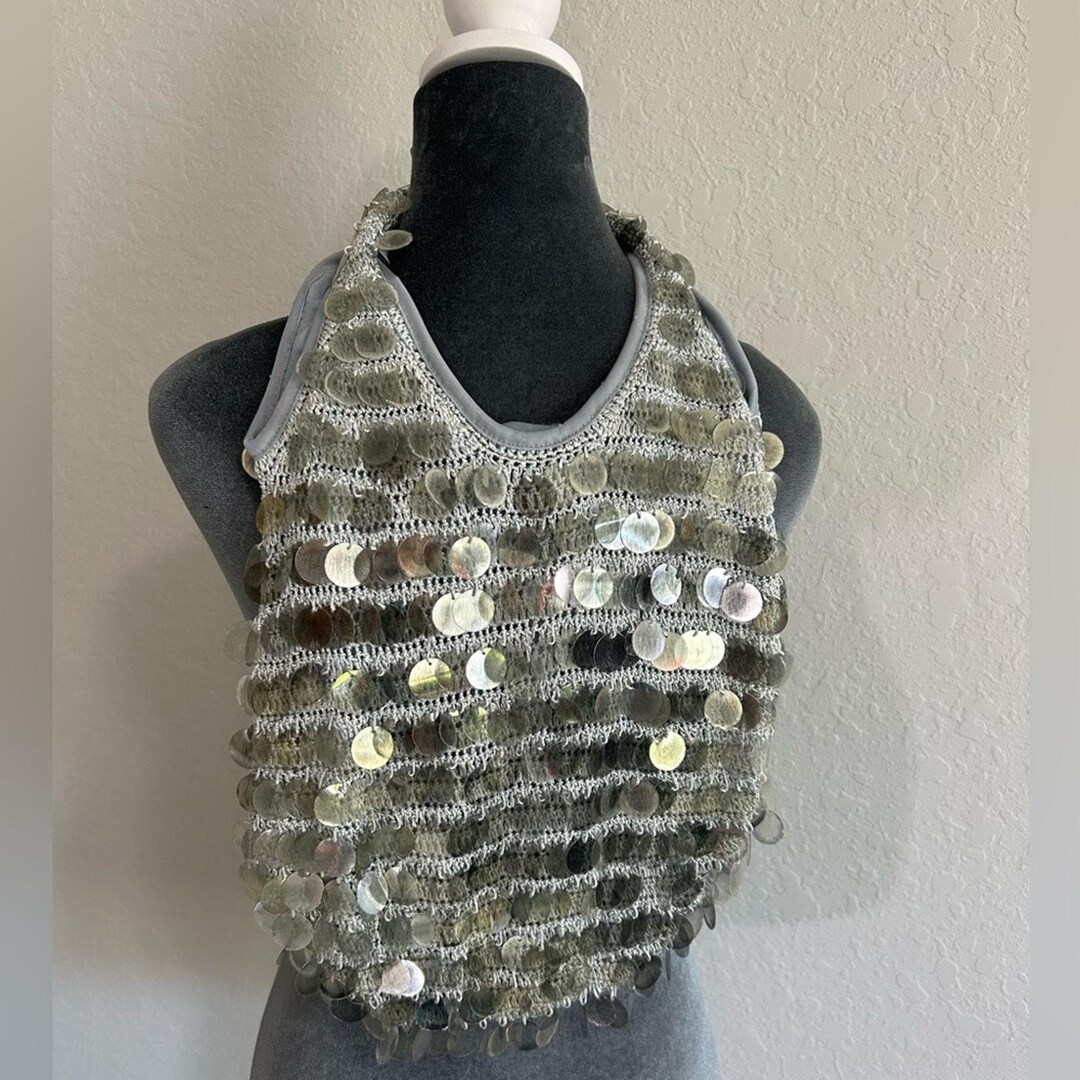 Y2K Pale Blue Silver Sequin Fish Scale Bag Velcro Closure Retro ...