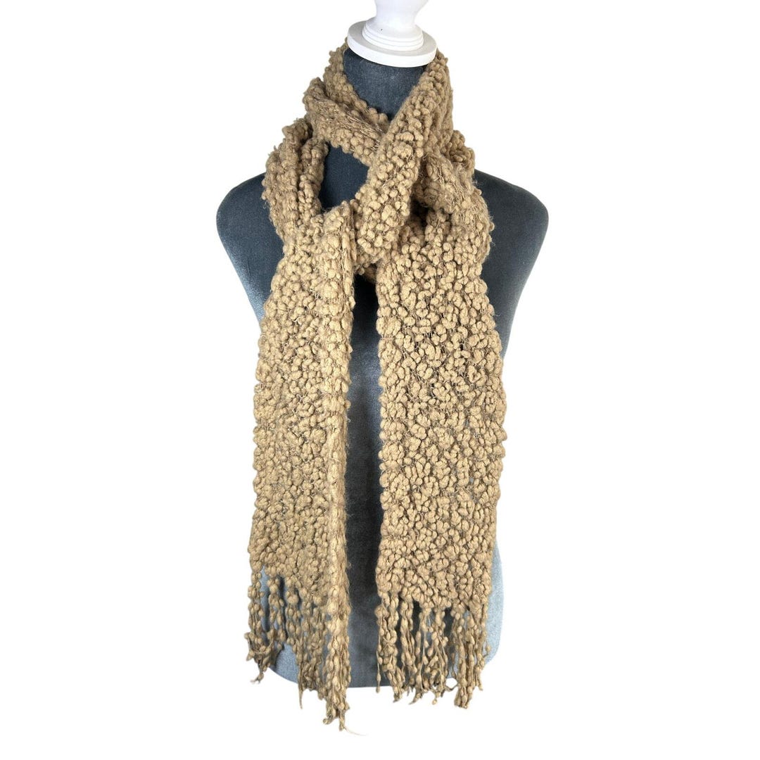 Vtg 90s XL Neck Knit Scarf- Textured Knit Tan 91x7" Nylon- Fringe ...