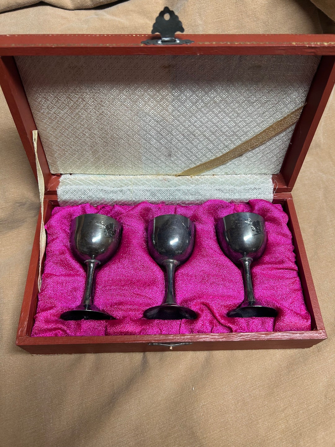 Vintage Boxed Set of 3 Small Goblets Silver With Flowers Bright Pink ...