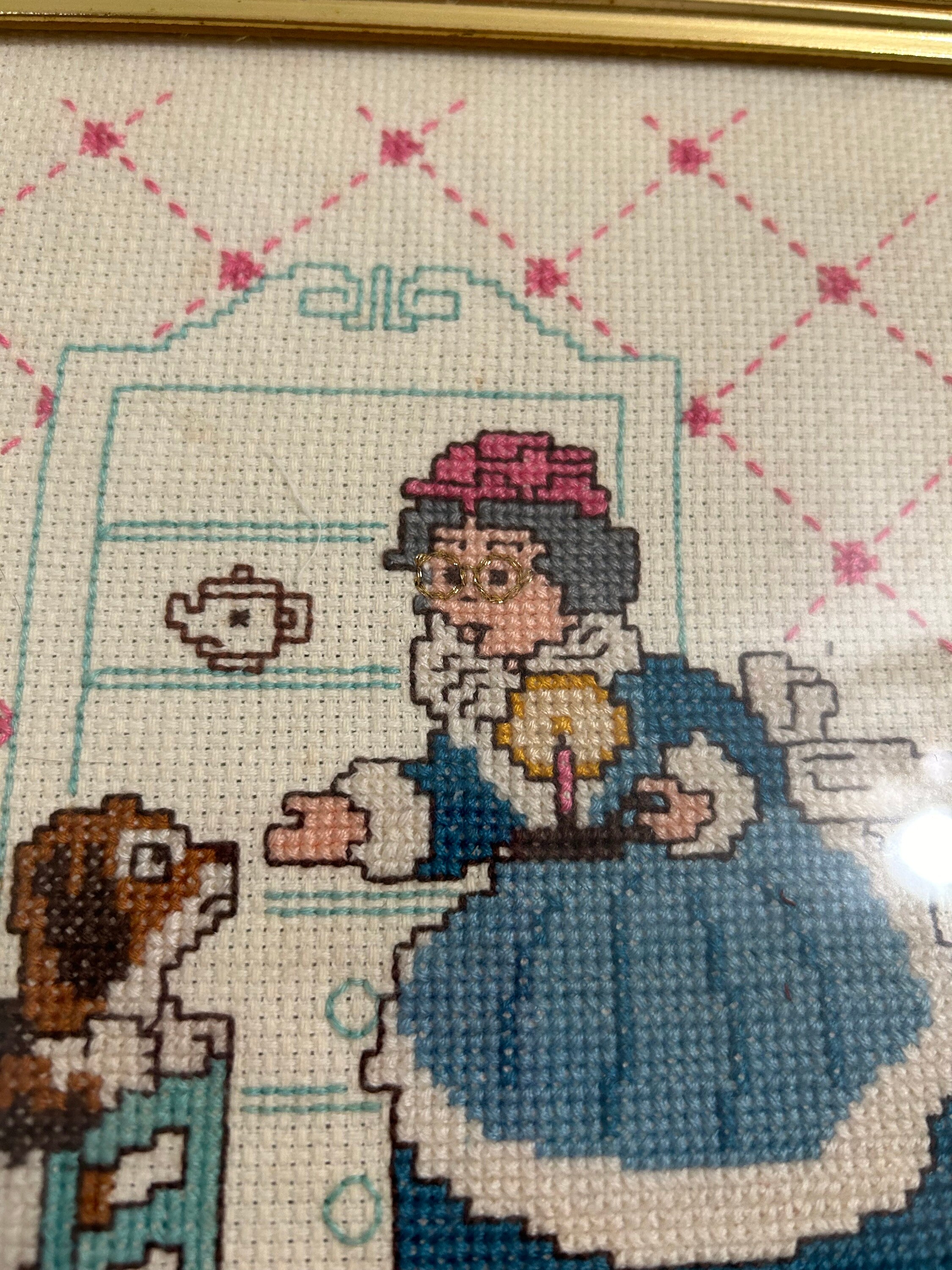 Completed Cross Stich Old Miss Hubbard Puppy Dog Candlelight ...