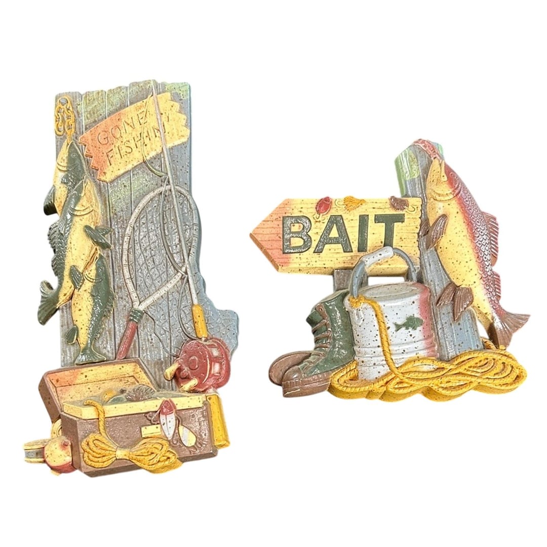 American Vintage Set of Two Fishing Themed Wall Decor - Rustic Cabin ...