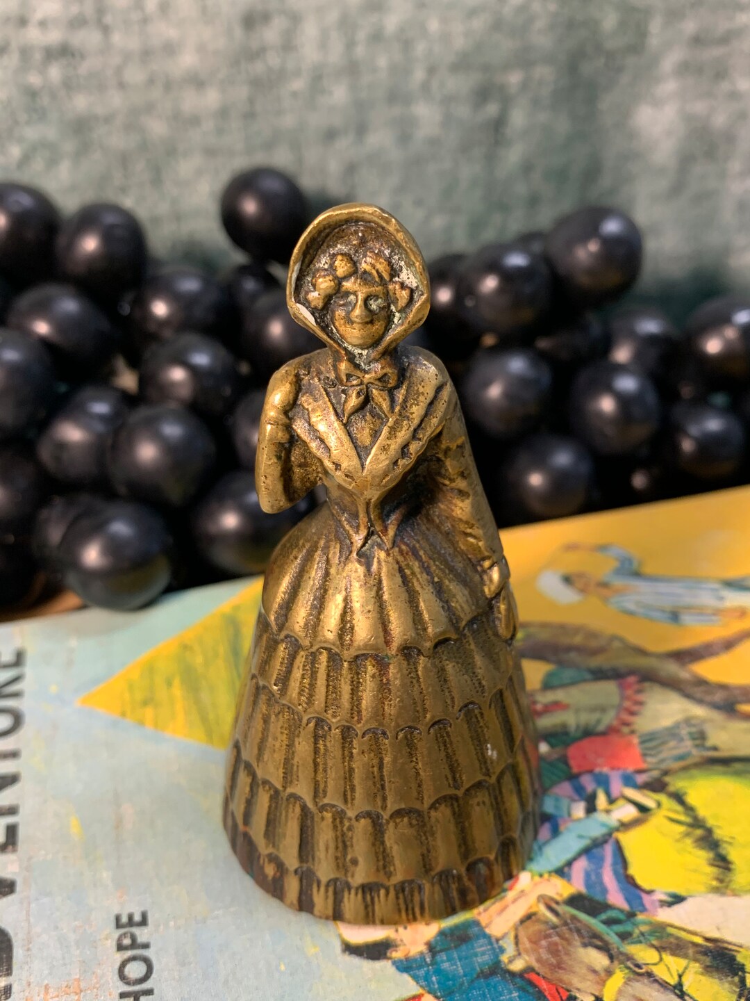 Vintage Brass Table Bell- Unique Pose. Lady on a Walk in Her Bonnet ...