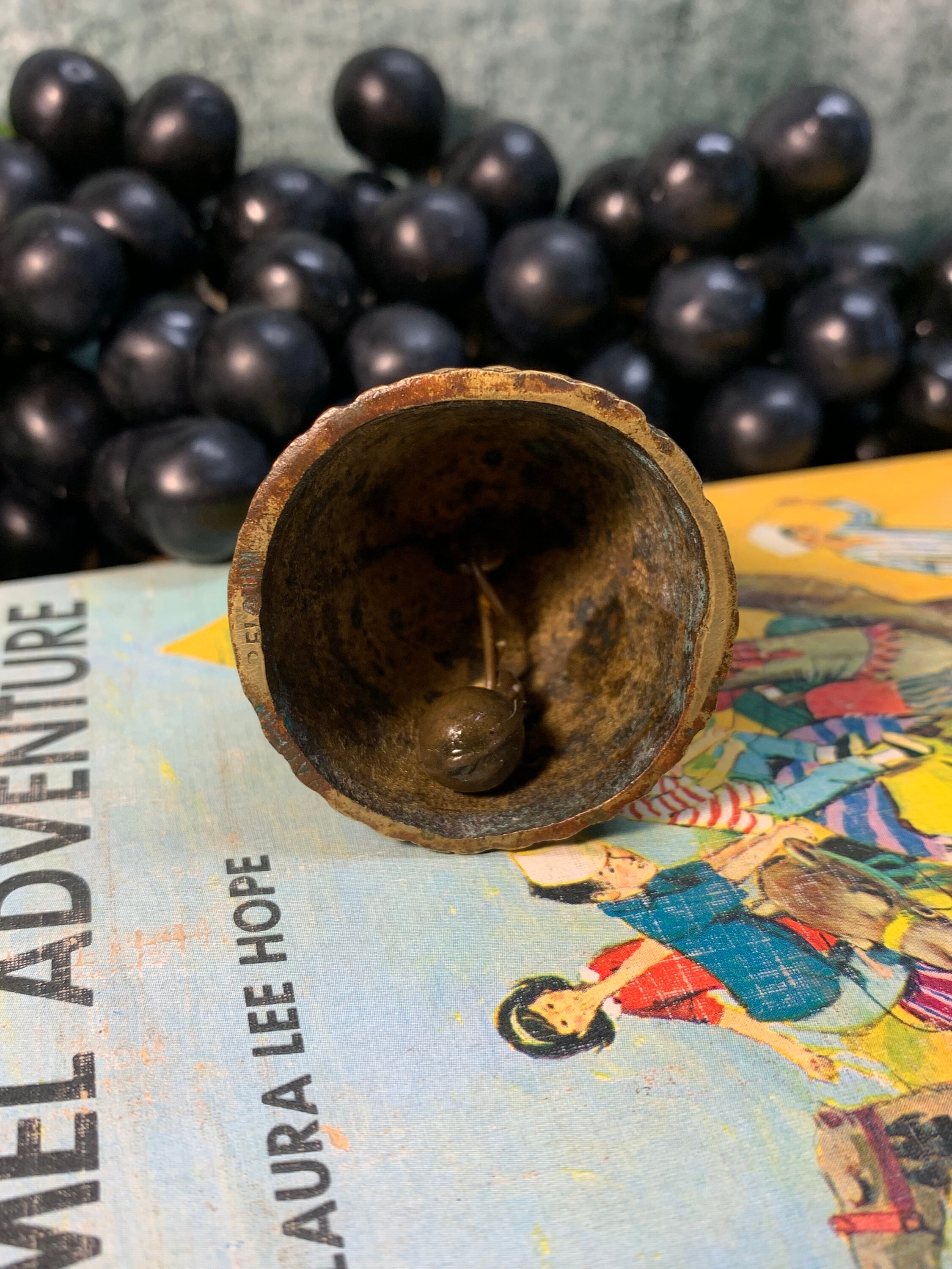 Vintage Brass Table Bell Unique Pose. Lady on a Walk in Her Bonnet ...