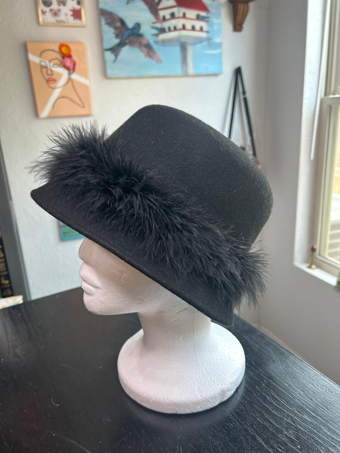Vintage Wool Bucket Hat- Black- With Feather Boa Style Black Trim ...