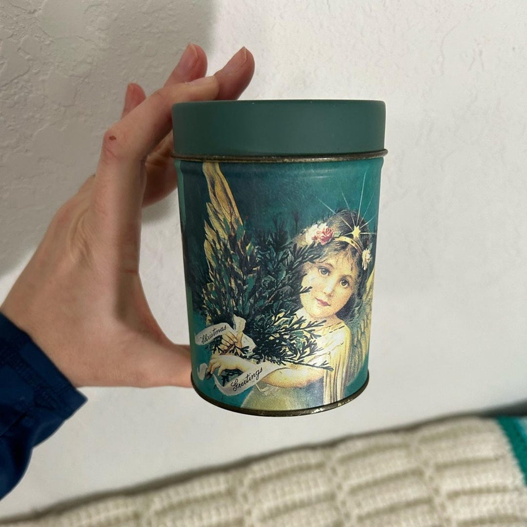 Mini Cylinder - Angel Christmas Tin- Green Cherub - Holiday Decorative ...