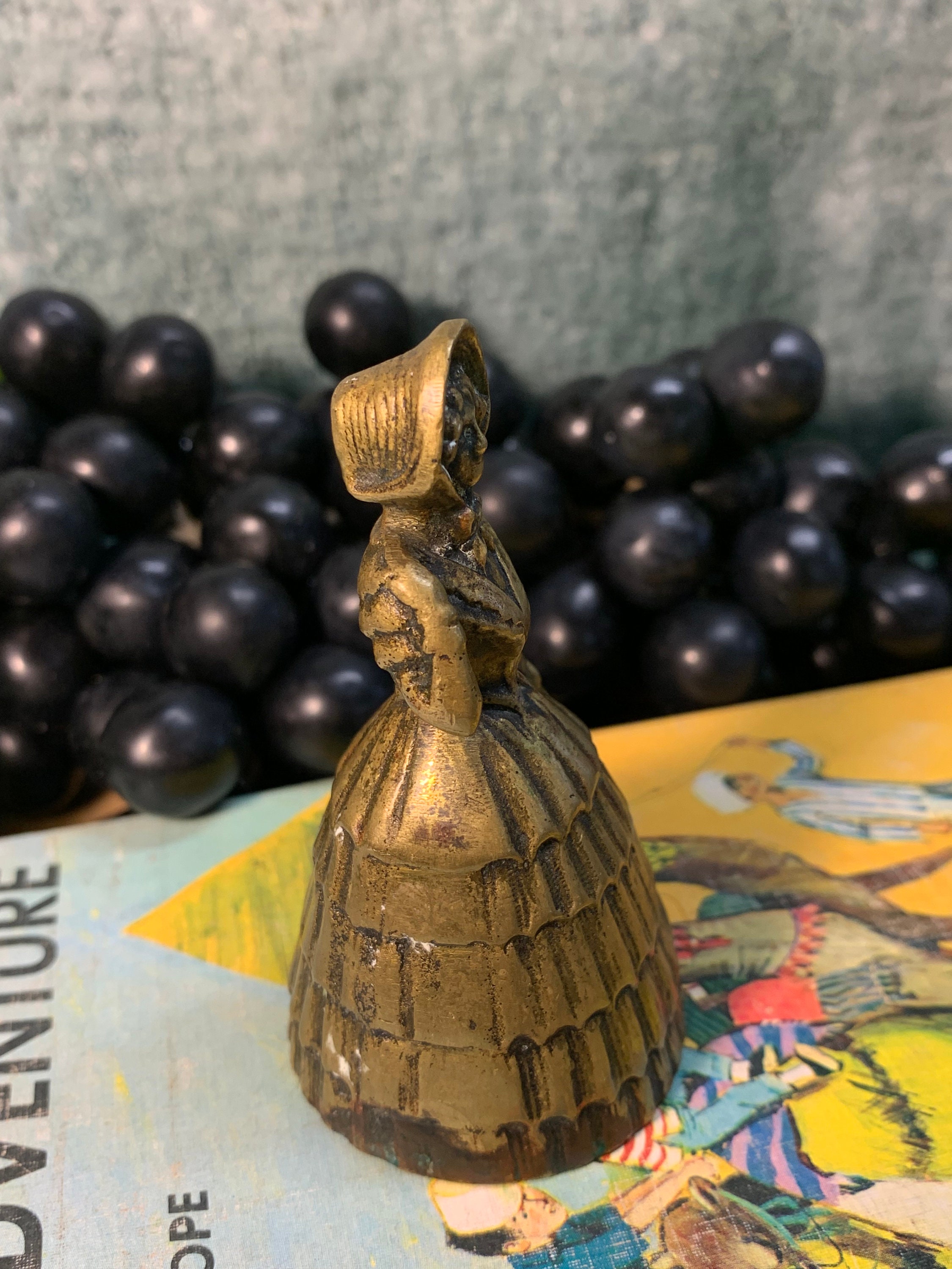 Vintage Brass Table Bell Unique Pose. Lady on a Walk in Her Bonnet ...