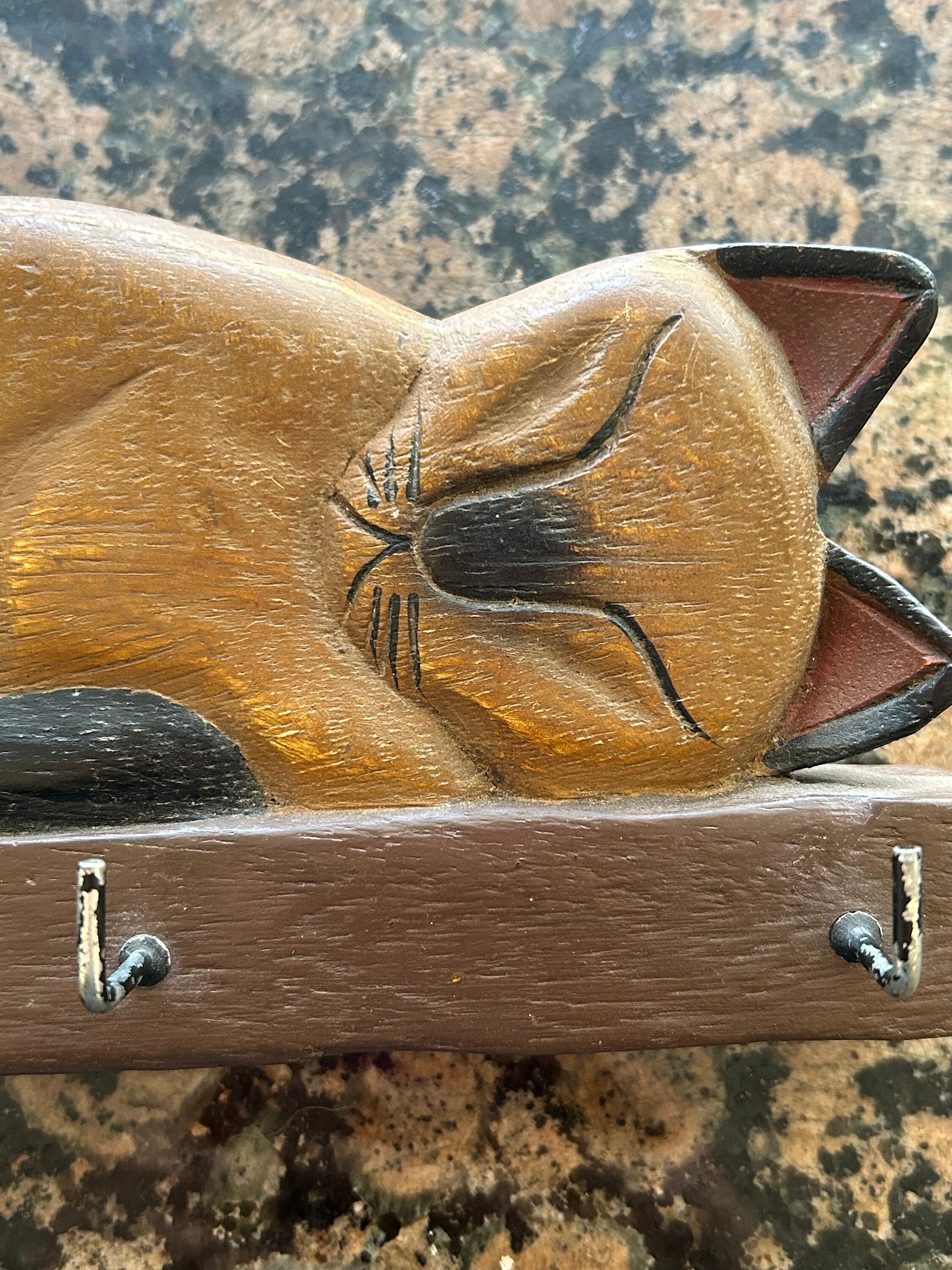 Wooden Cat Key Holder 3 Prongs, Brown Cat, Cute Entryway, Organization ...