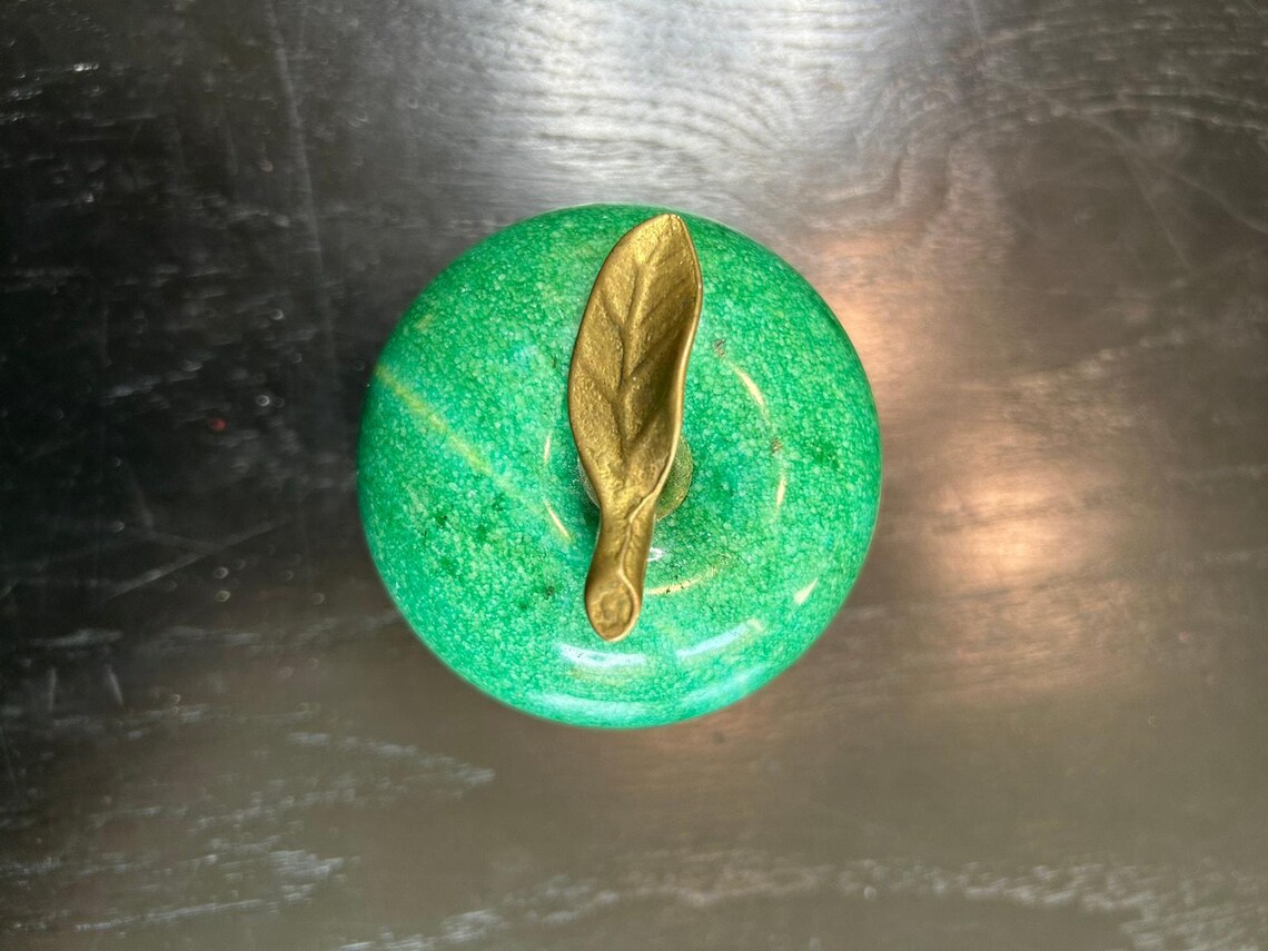 Green Marble Apple- Brass Stem- Table Paperweight Decor- Vibrant Fruit ...