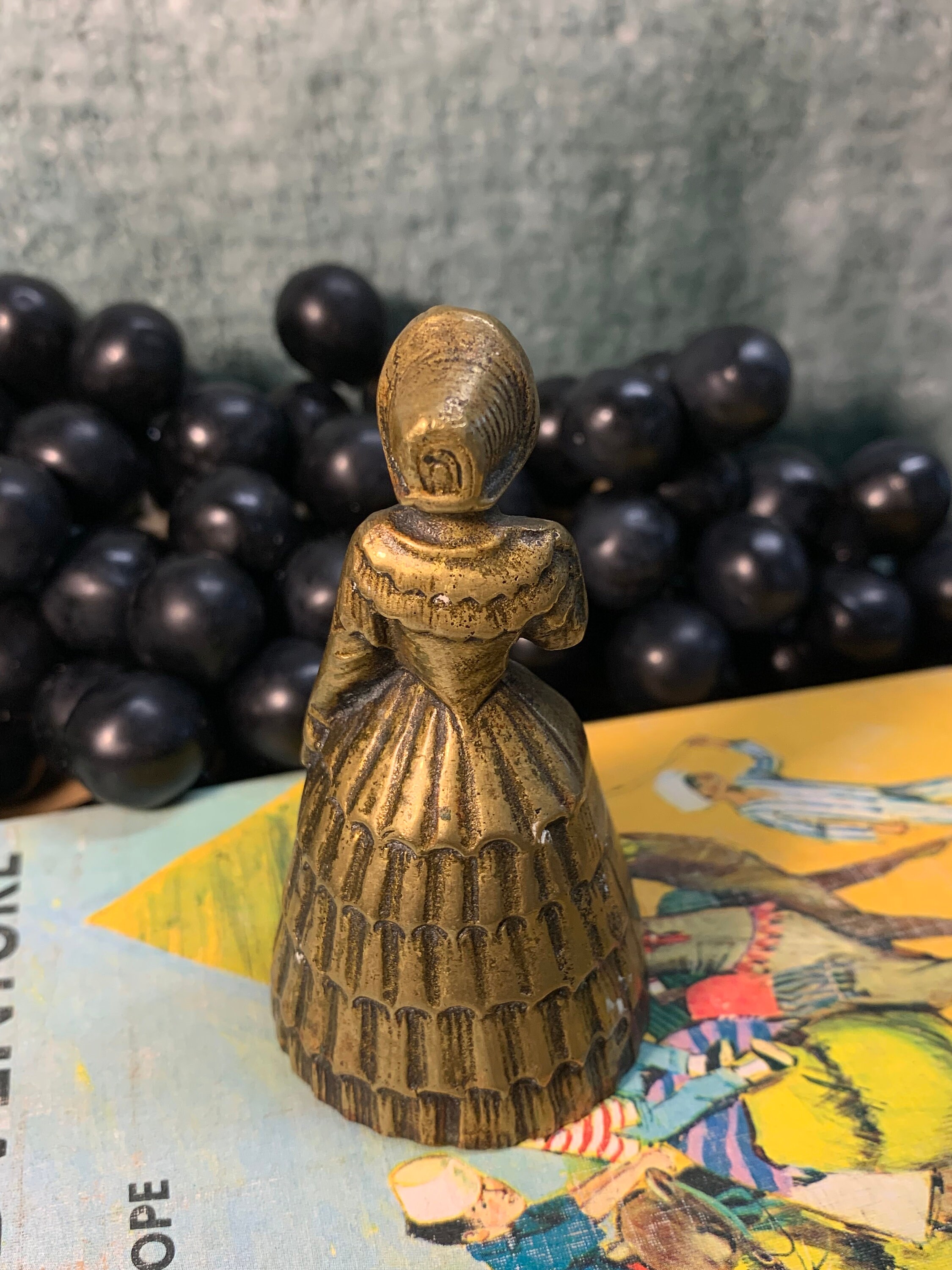 Vintage Brass Table Bell Unique Pose. Lady on a Walk in Her Bonnet ...