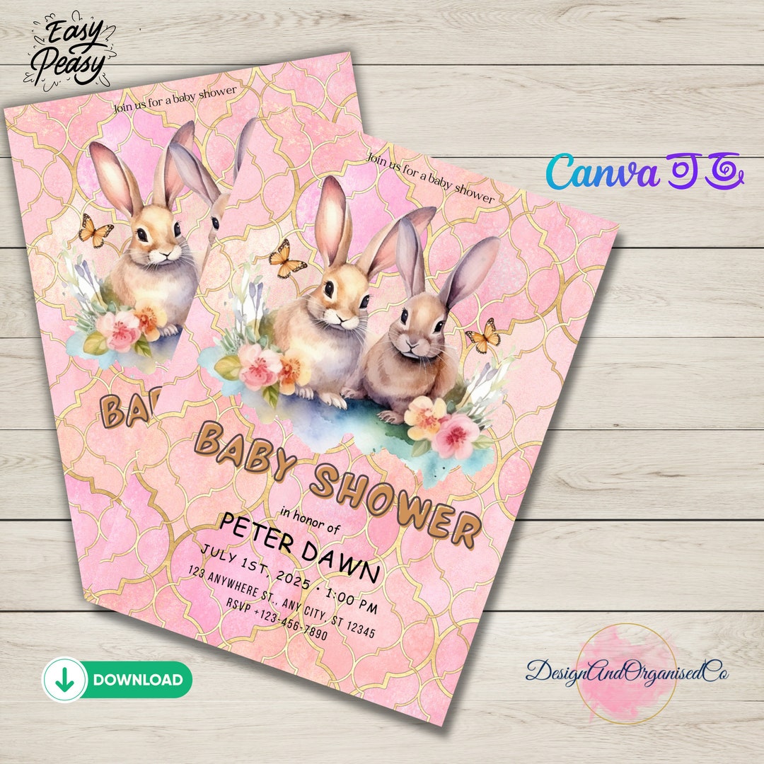 EDITABLE Peter Rabbit Baby Shower Invitation, Rustic Bunny Watercolor ...