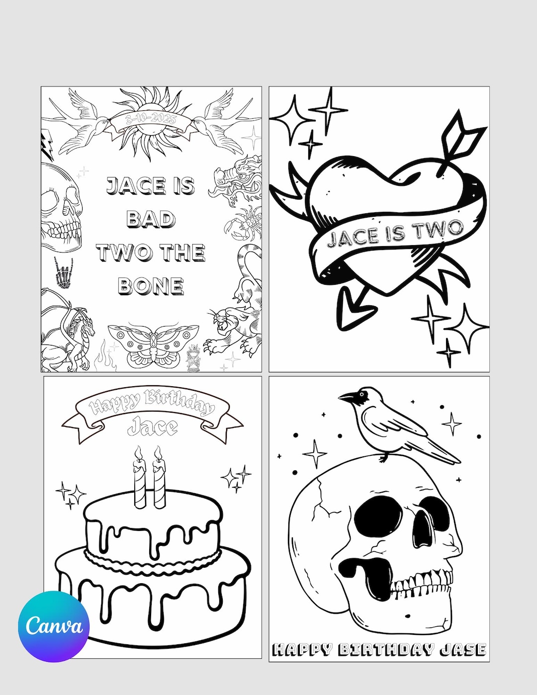 Bad TWO the Bone Coloring Sheet, Editable, Canva, 2nd Birthday Activity ...