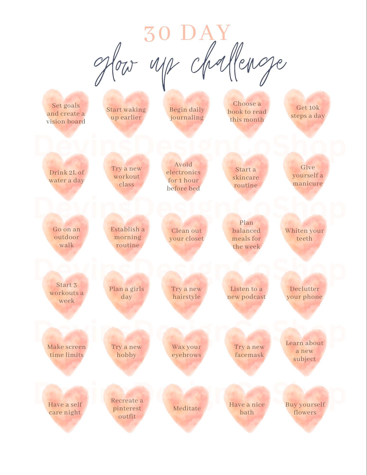 30 Days Glow up Challenge, Self Care Checklist, Printable, Customizable, It Girl Aesthetic ...