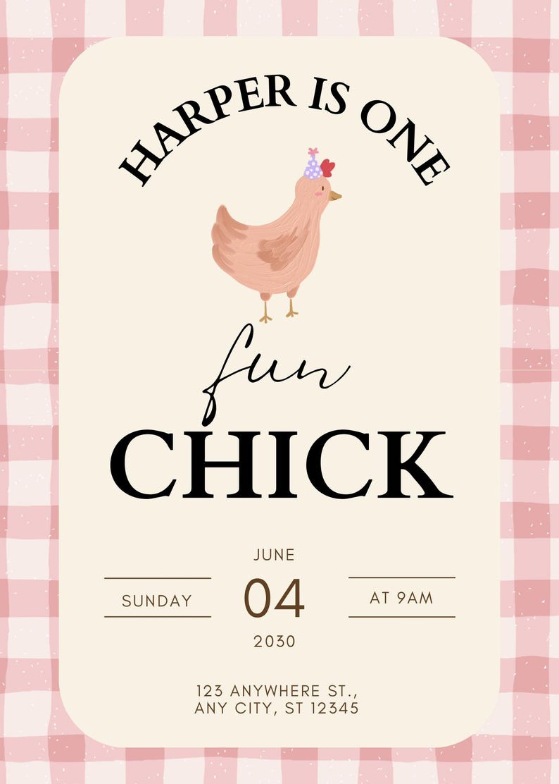One Fun Chick First Birthday Party Invitation Template, Farm Theme ...
