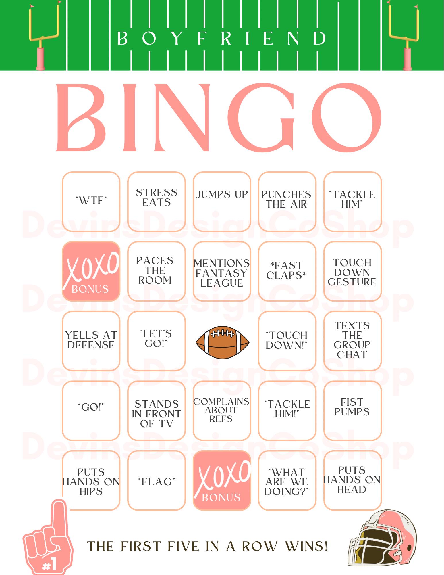 Boyfriend Football Bingo Game, Football Husband Bingo Card, Drinking ...