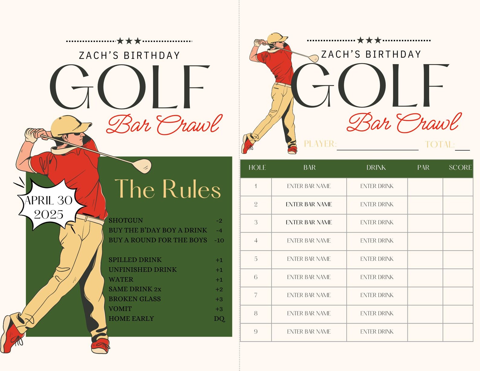 Bar Golf Score Card Template, Golf Bar Crawl Scorecard, Golf Pub Crawl ...