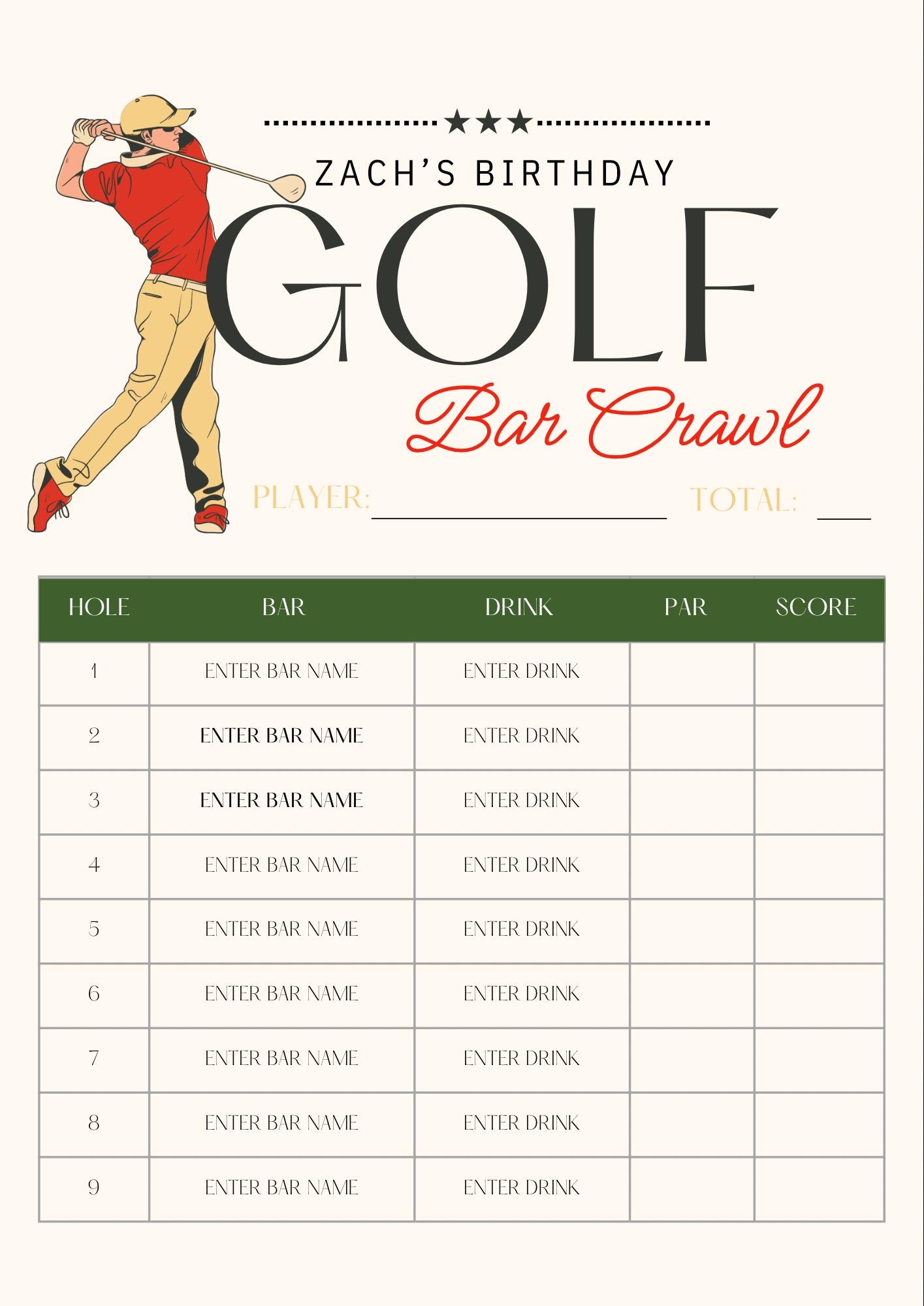 Bar Golf Score Card Template, Golf Bar Crawl Scorecard, Golf Pub Crawl ...