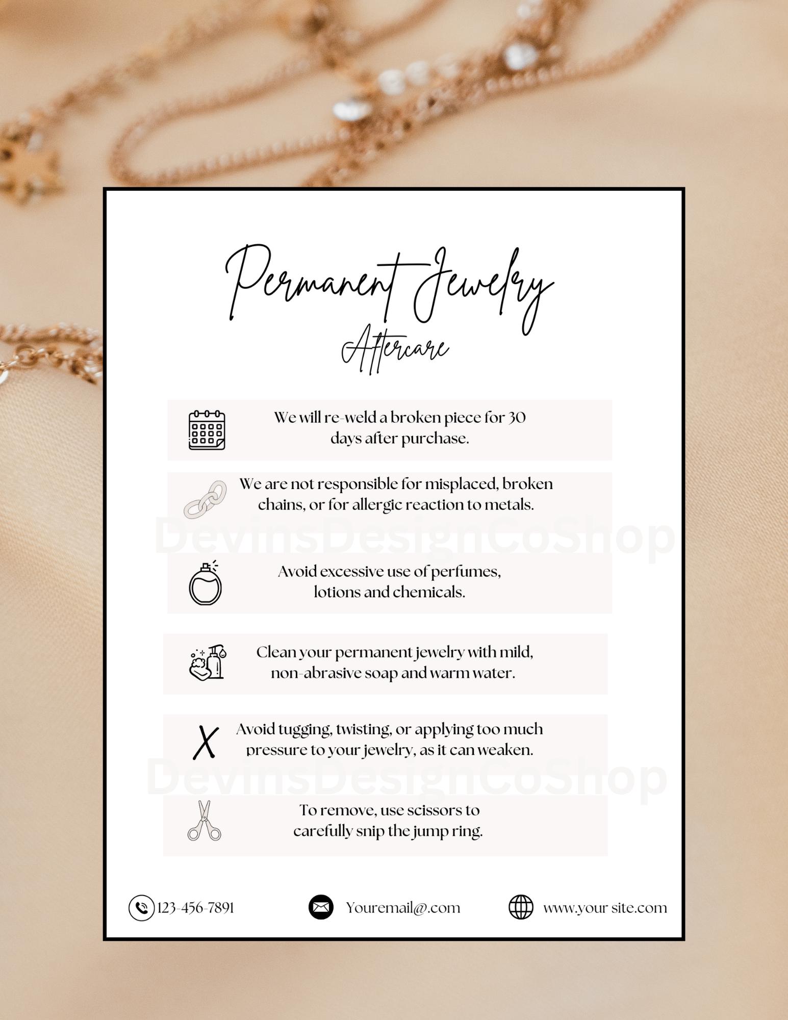 Permanent Jewelry Care Sign, Permanent Jewelry Sign, Care Instructions ...