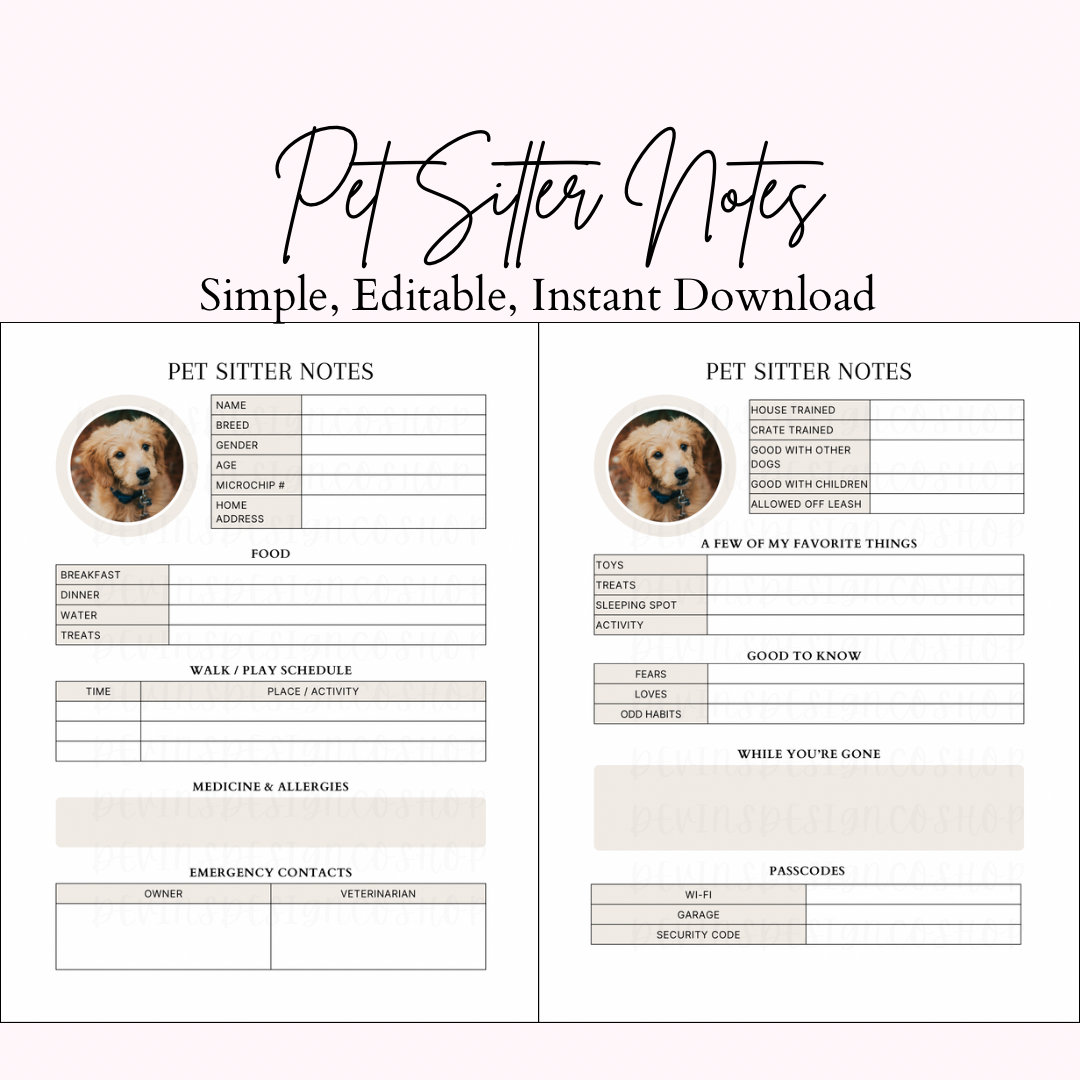 Pet Sitter Instructions, Dog Sitter Notes, Information, Schedule, Canva ...