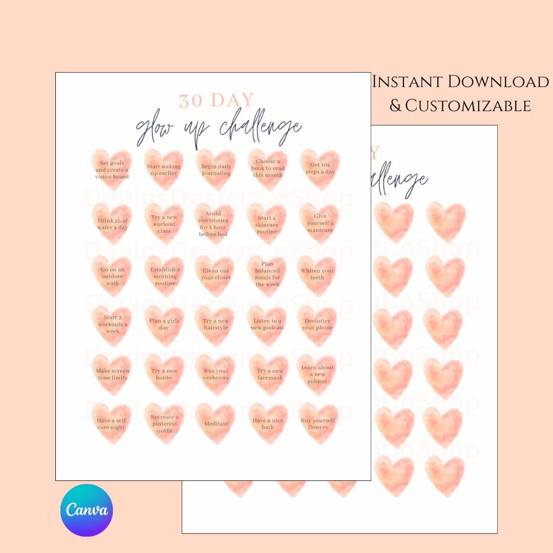 30 Days Glow up Challenge, Self Care Checklist, Printable, Customizable ... 30 Days Glow up Challenge, Self Care Checklist, Printable, Customizable ...
