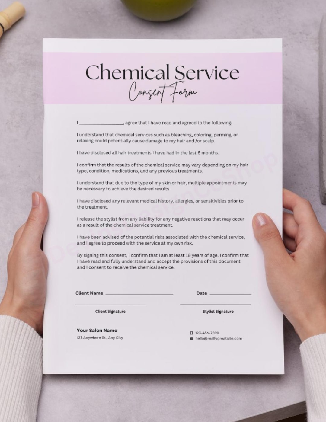 Chemical Service Consent Waiver, Hairstylist Liability Contract, Hair ...