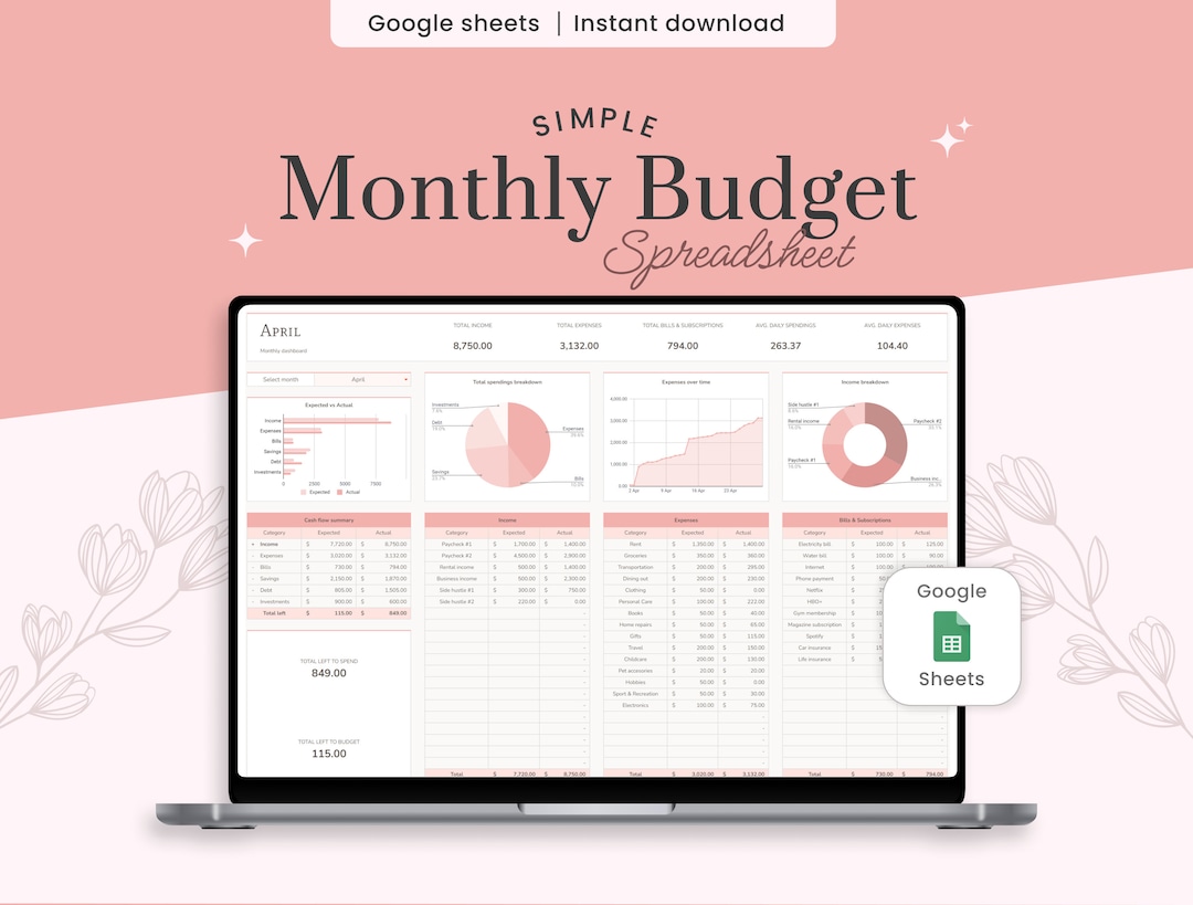 Simple Monthly Budget Spreadsheet, Google Sheets Template, Payckeck ...