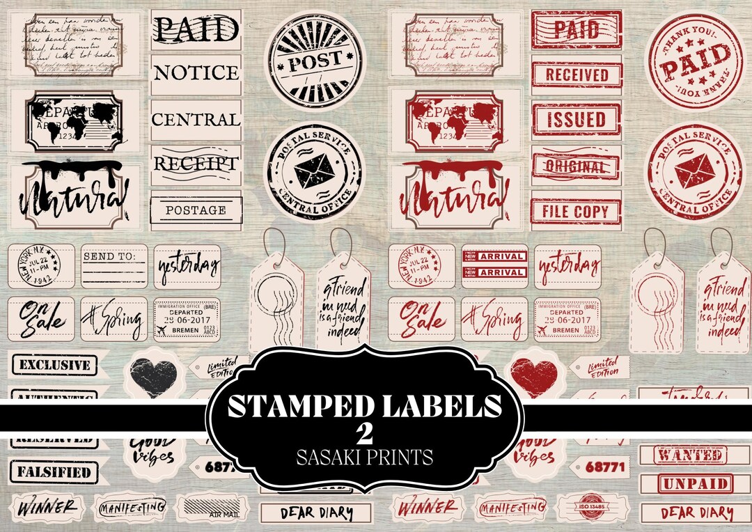 Stamped Labels II – Black, White, Kraft, Red Printable Labels for Junk ...