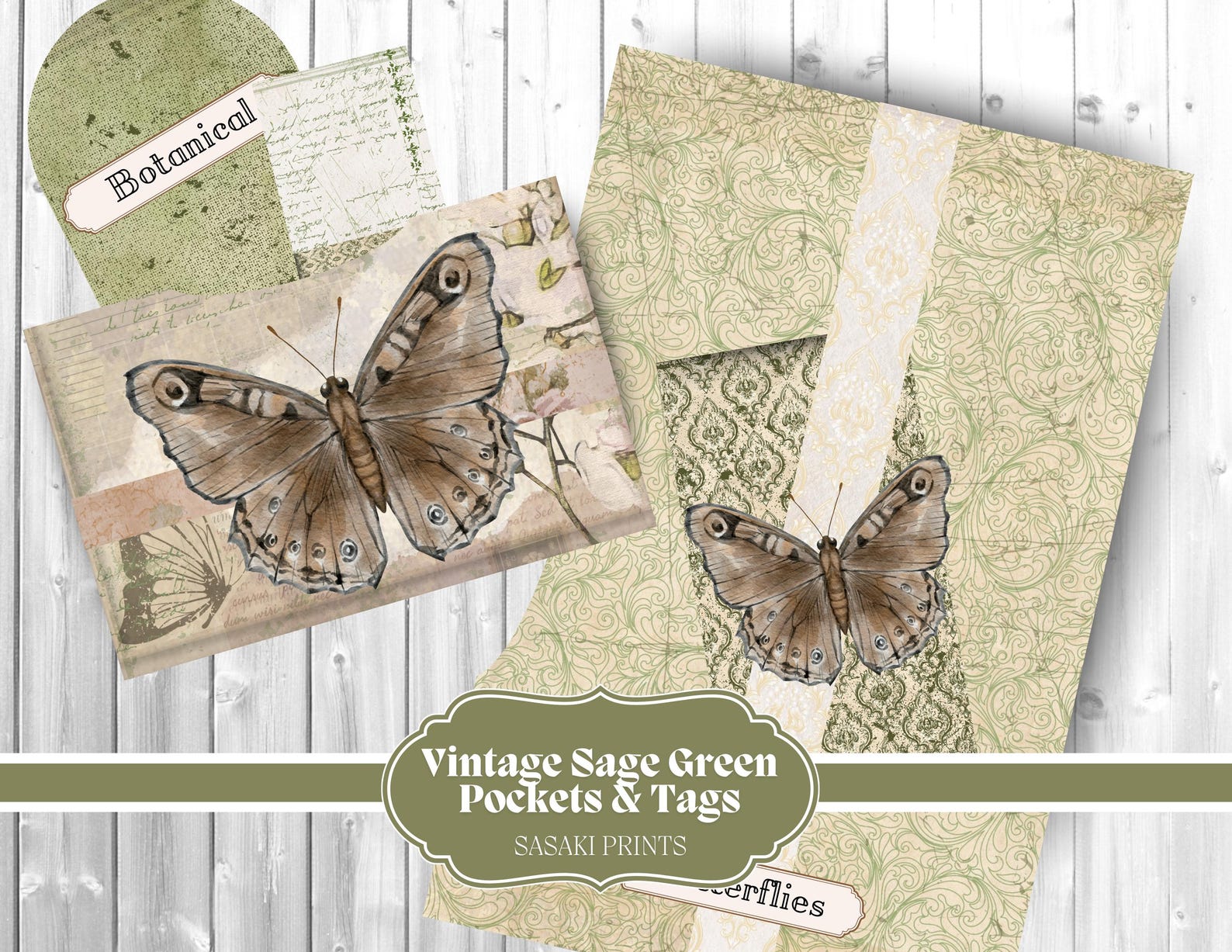 Vintage Sage Green Pockets, Printable Papers, Digital Junk Journal ...