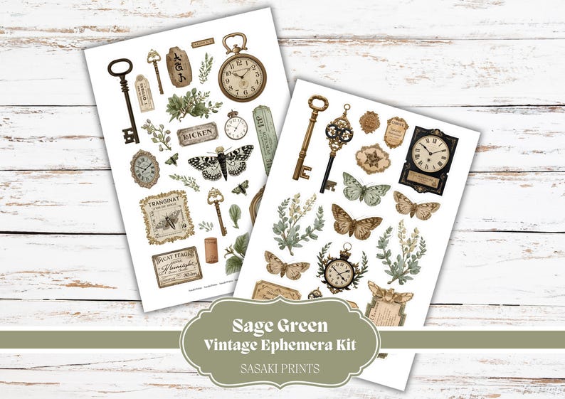 Vintage Ephemera Kit – Sage Green Antique Ephemera Pack for Junk ...
