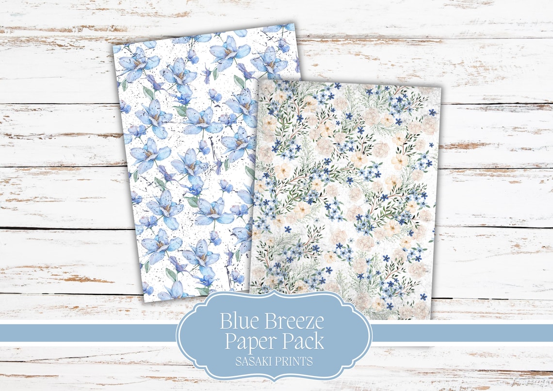 Blue Breeze Paper Pack – Spring Floral Digital Papers, Blue Pattern ...