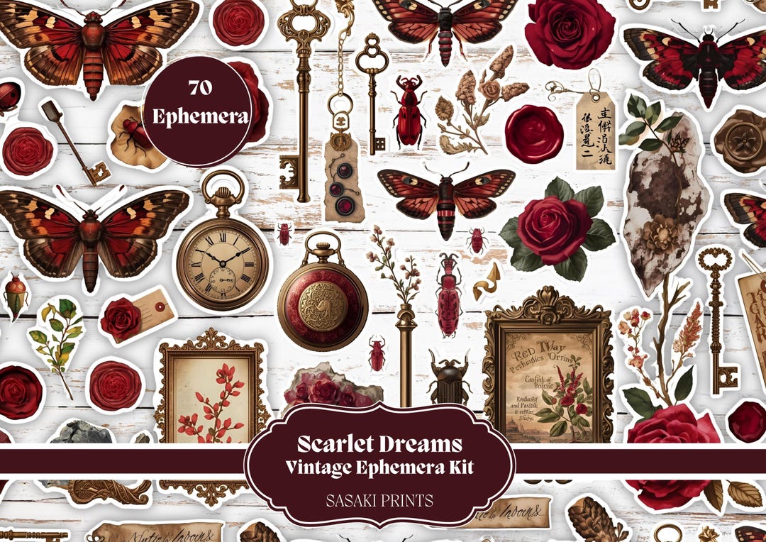 Vintage Ephemera Kit – Scarlet Dreams Dark Red Ephemera Pack for Junk ...