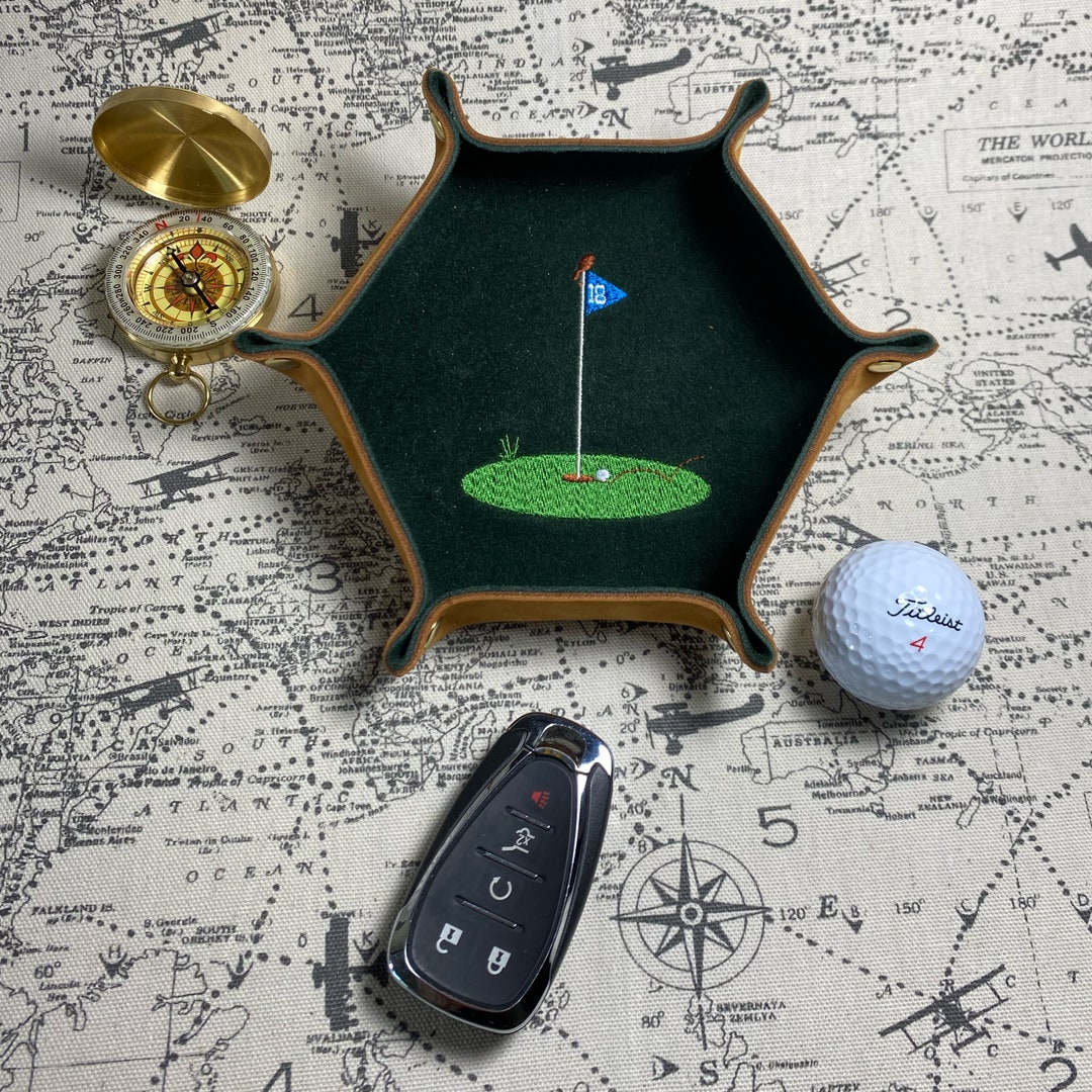 Valet Tray Leather Golf Design Embroidered Suede Lining Gift for Golf ...