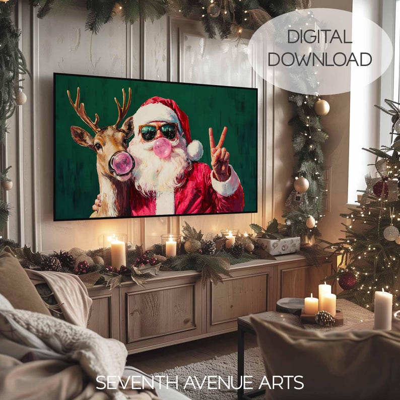 Funny Christmas Frame TV Art, Preppy Tartan Plaid Santa Frame TV Art ...