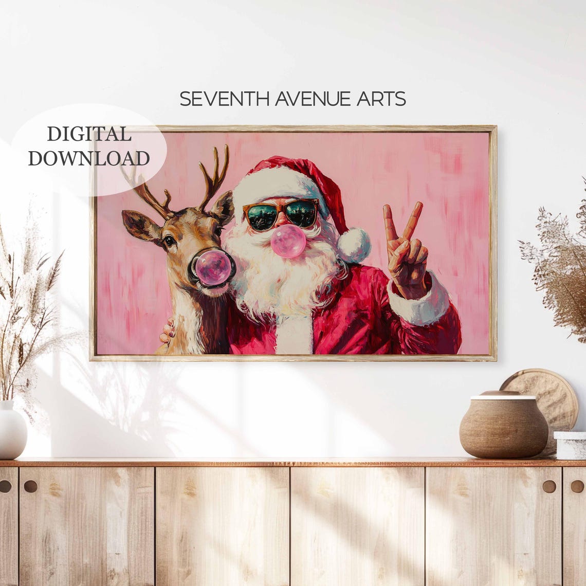 Funny Christmas Frame TV Art, Pink Santa Frame TV Art, Retro Santa ...