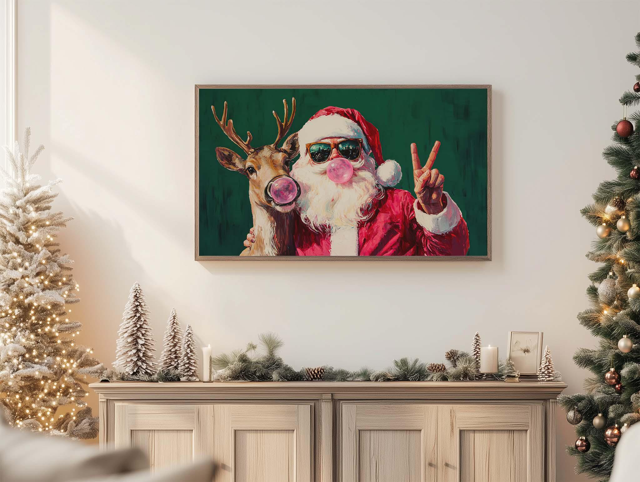 Funny Christmas Frame TV Art, Preppy Tartan Plaid Santa Frame TV Art ...