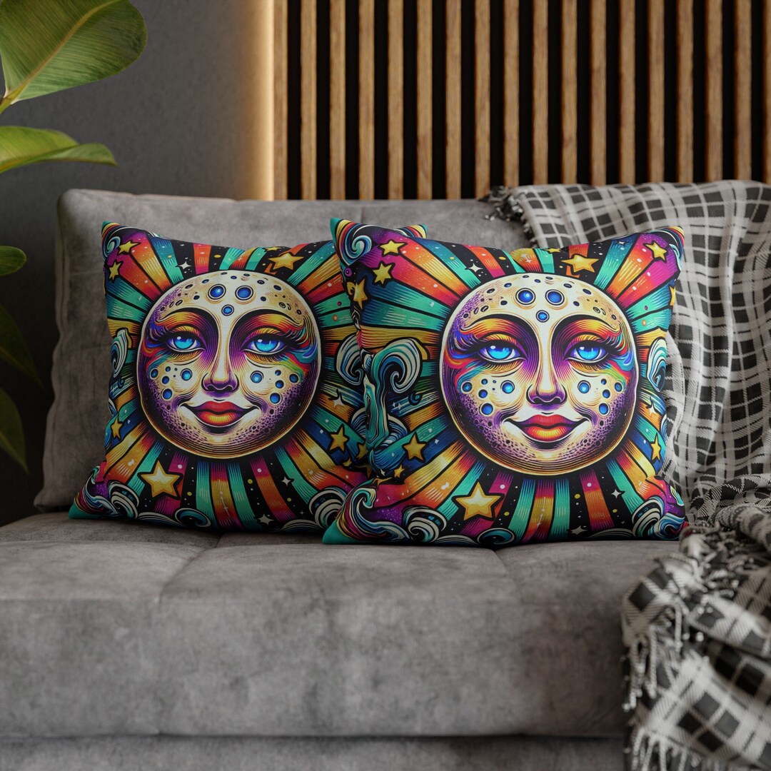 Moon Face Pillow, Moon Rainbow Glow Pillow, Moon Gift Pillow, Trippy ...