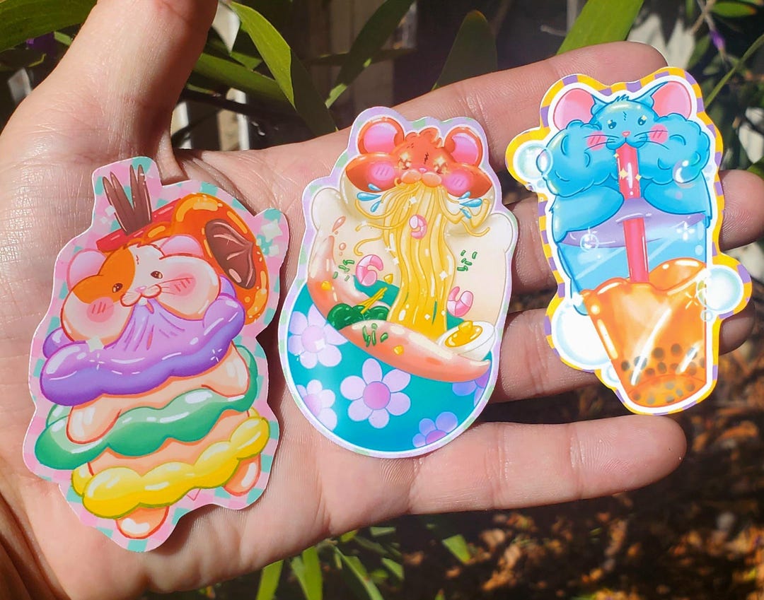 Hungry Hamster Sticker Set!– Cute Mochi Donut, Boba Tea, Noodle Eating ...
